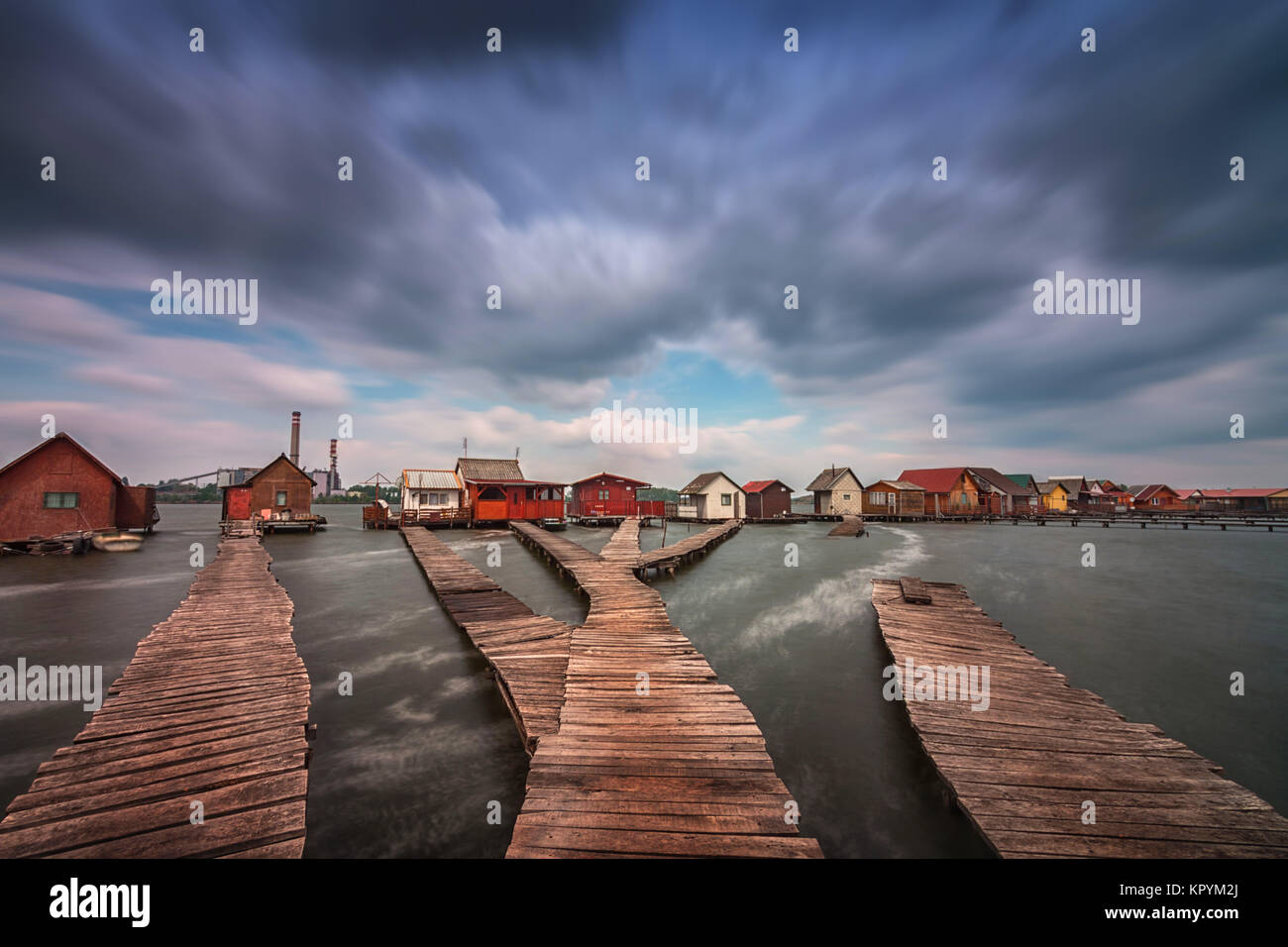 Bokod floating village with piers and fishing wooden cottages, at Lake ...