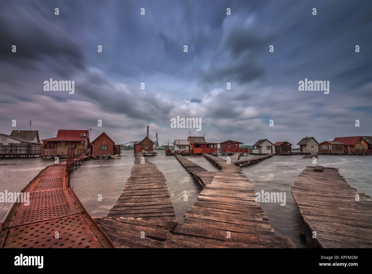 Bokod floating village with piers and fishing wooden cottages, at Lake ...