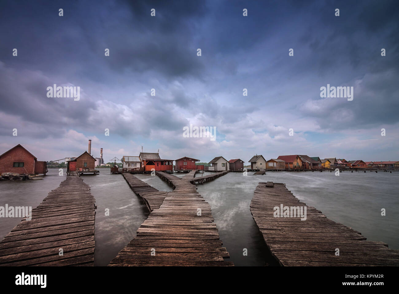 Bokod floating village with piers and fishing wooden cottages, at Lake ...