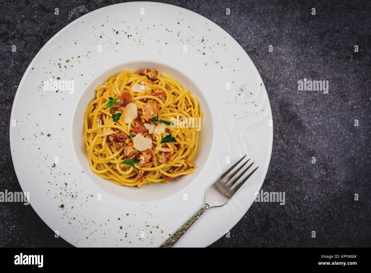 Traditional italian pasta spaghetti carbonara with bacon and cheese ...