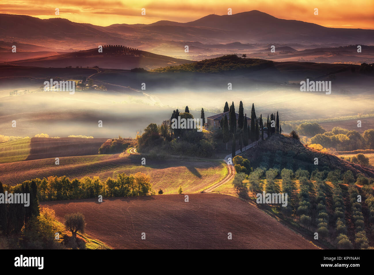 Tuscany, panoramic landscape with famous farmhouse rolling hills and ...
