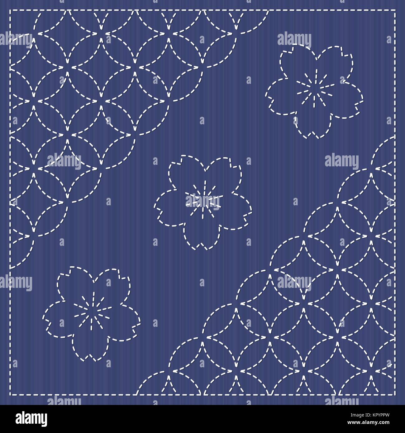 Sashiko motif - blooming cherry flowers. Floral backdrop. Needlework ...