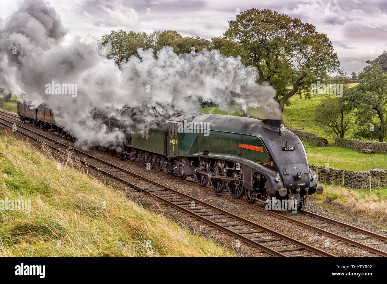 Recreational steam train being pulled by LNER Class A4, 4-6-2, 60009 ...