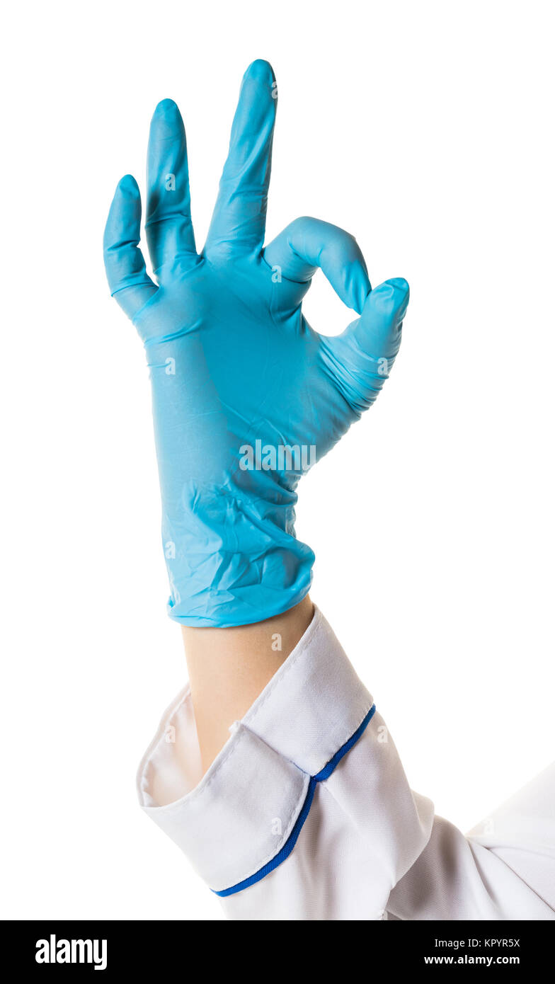 Hand in blue glove isolated on white showing ok sign Stock Photo - Alamy