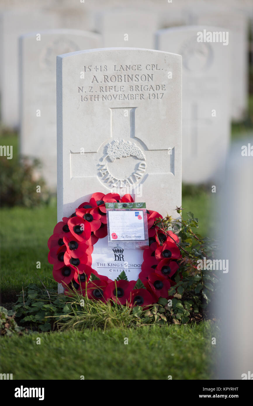 Poppy wreath at the grave of A. Robinson from New Zealand on the Tyne ...