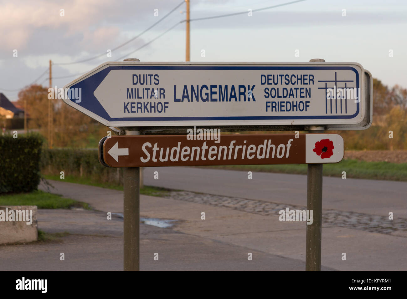 Information sign to the cemetery Langemark, West Flanders, Belgium ...
