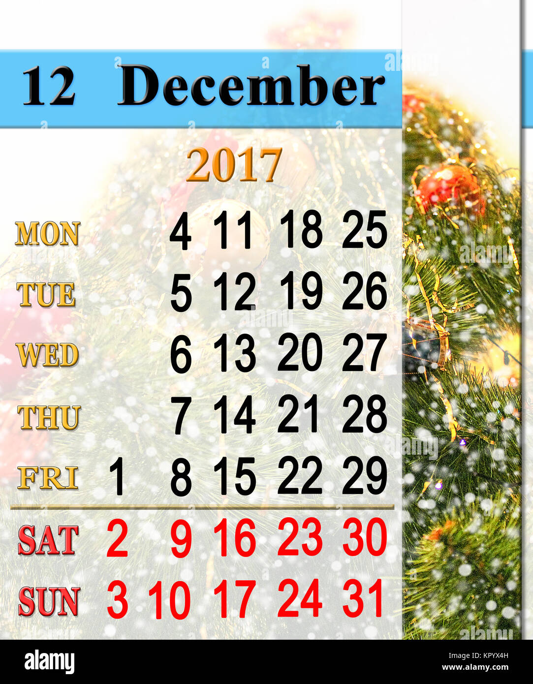 calendar for December 2017 with New-Year tree Stock Photo - Alamy