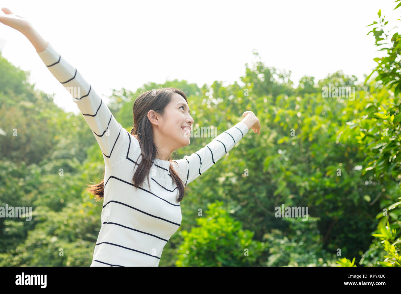 Woman enjoying spring breeze in the park Stock Photo - Alamy