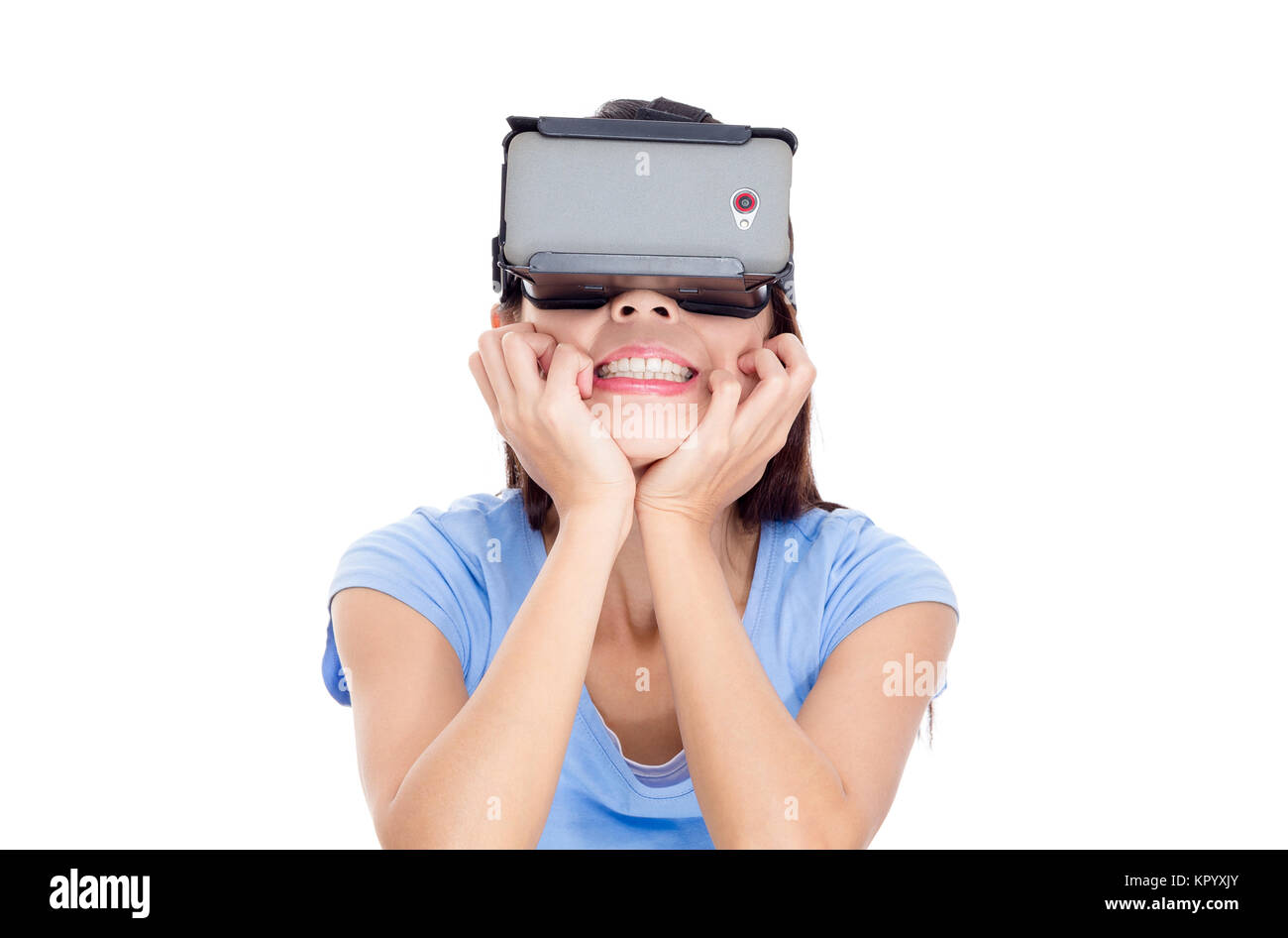 Woman feeling scary when using vr device Stock Photo - Alamy