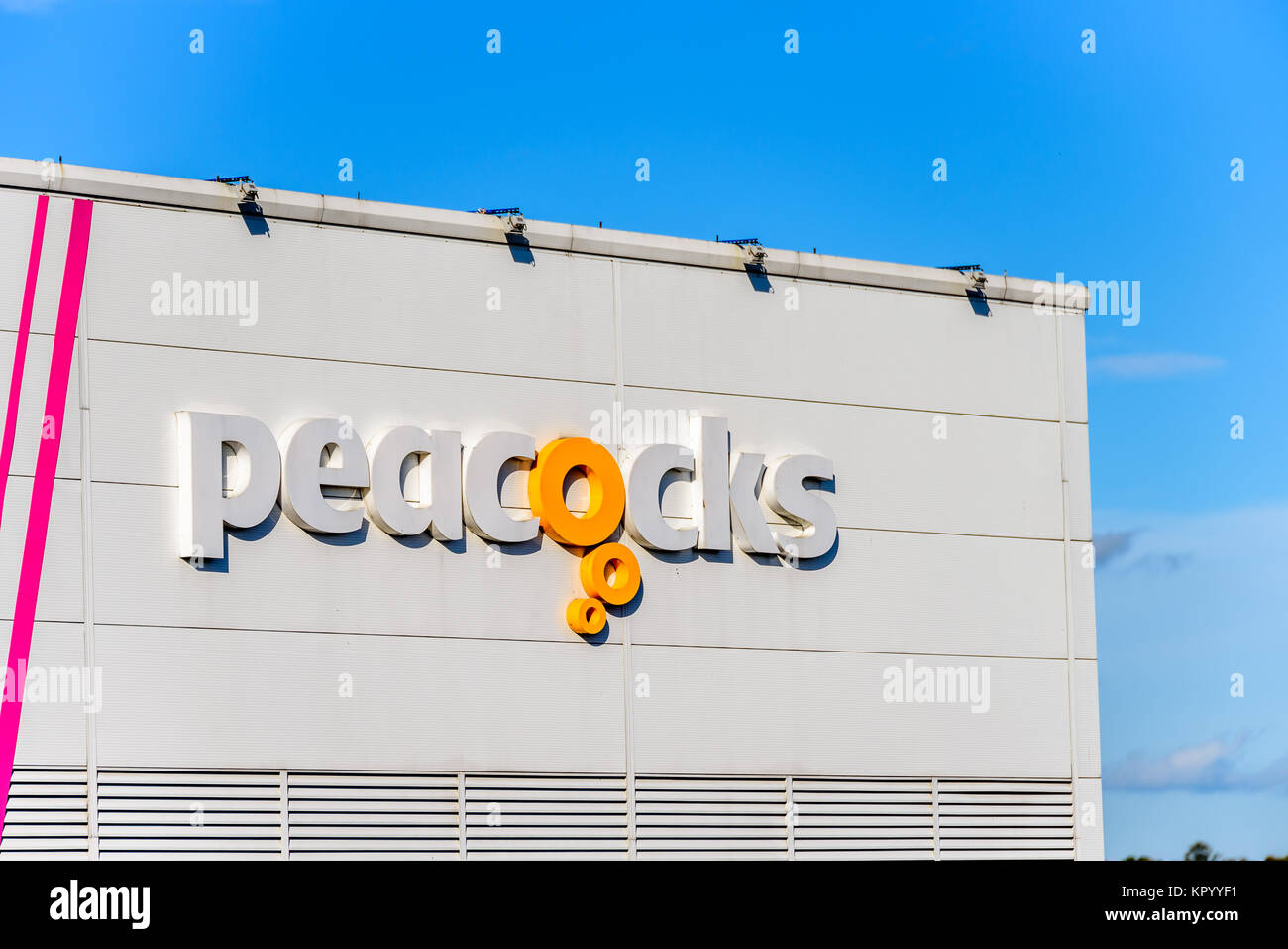 Northampton UK October 25, 2017: Peacocks logo sign in Weston Favell ...
