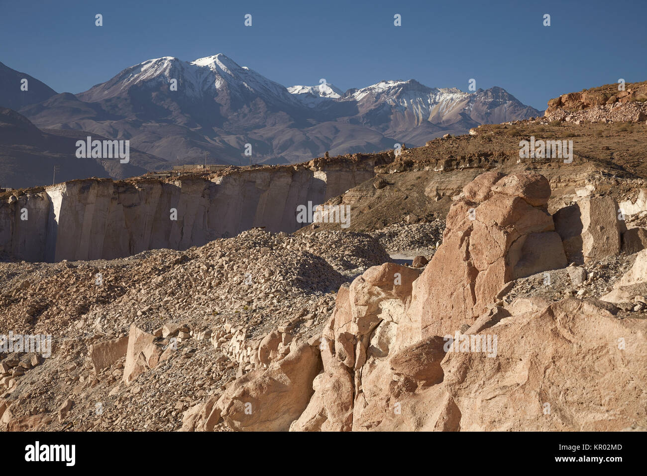Sillar Stone Quarry and volcano Chachani in Arequipa Peru Stock Photo ...