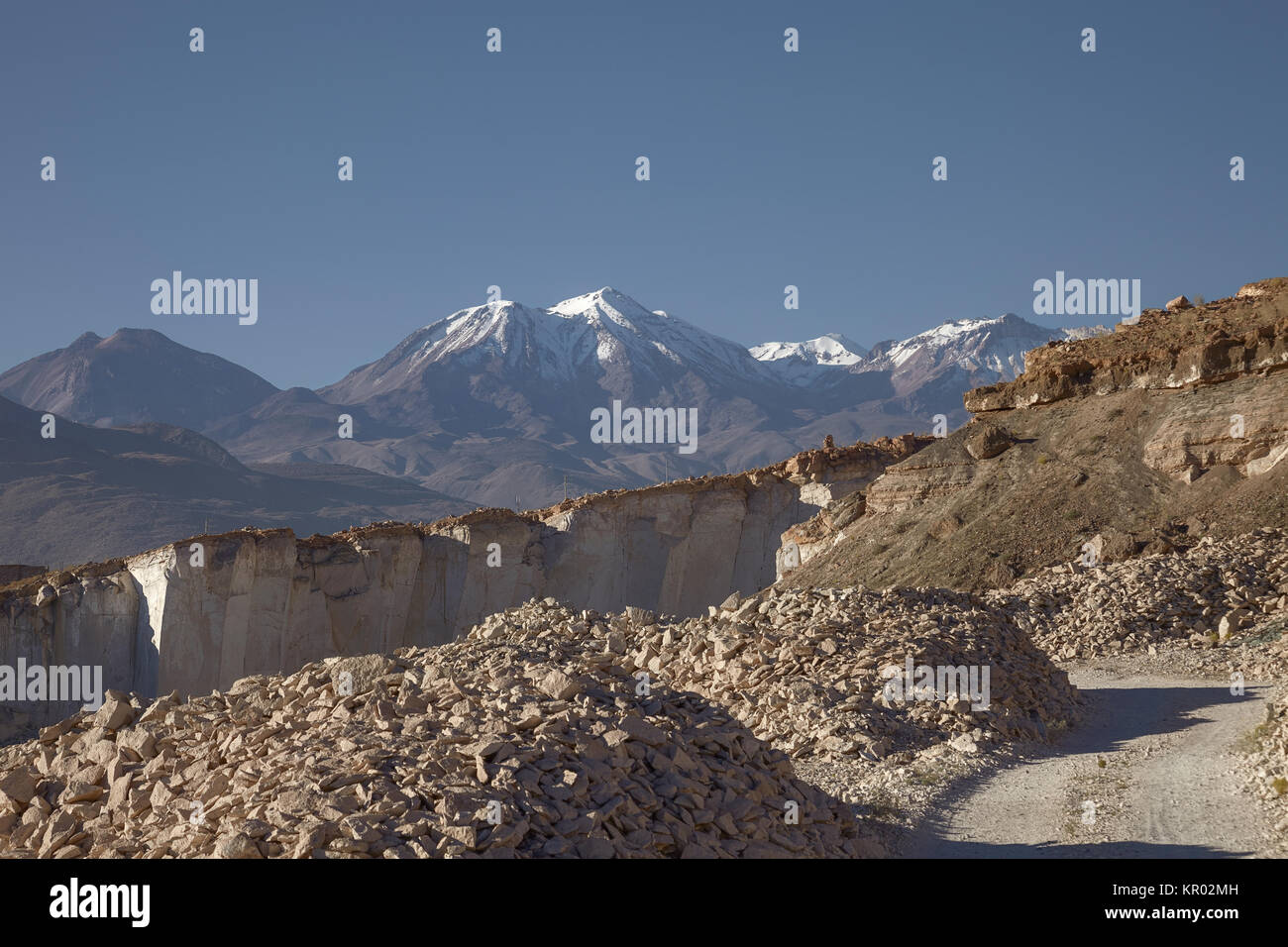 Sillar Stone Quarry and volcano Chachani in Arequipa Peru Stock Photo ...