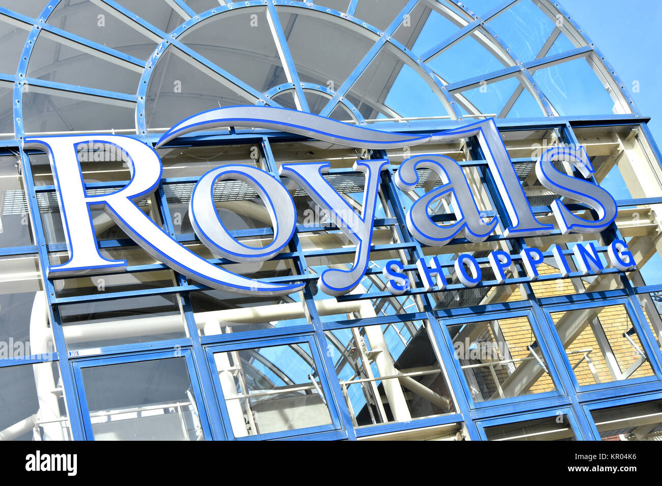 Close up of sign for Royals Shopping centre entrance mounted high up on ...