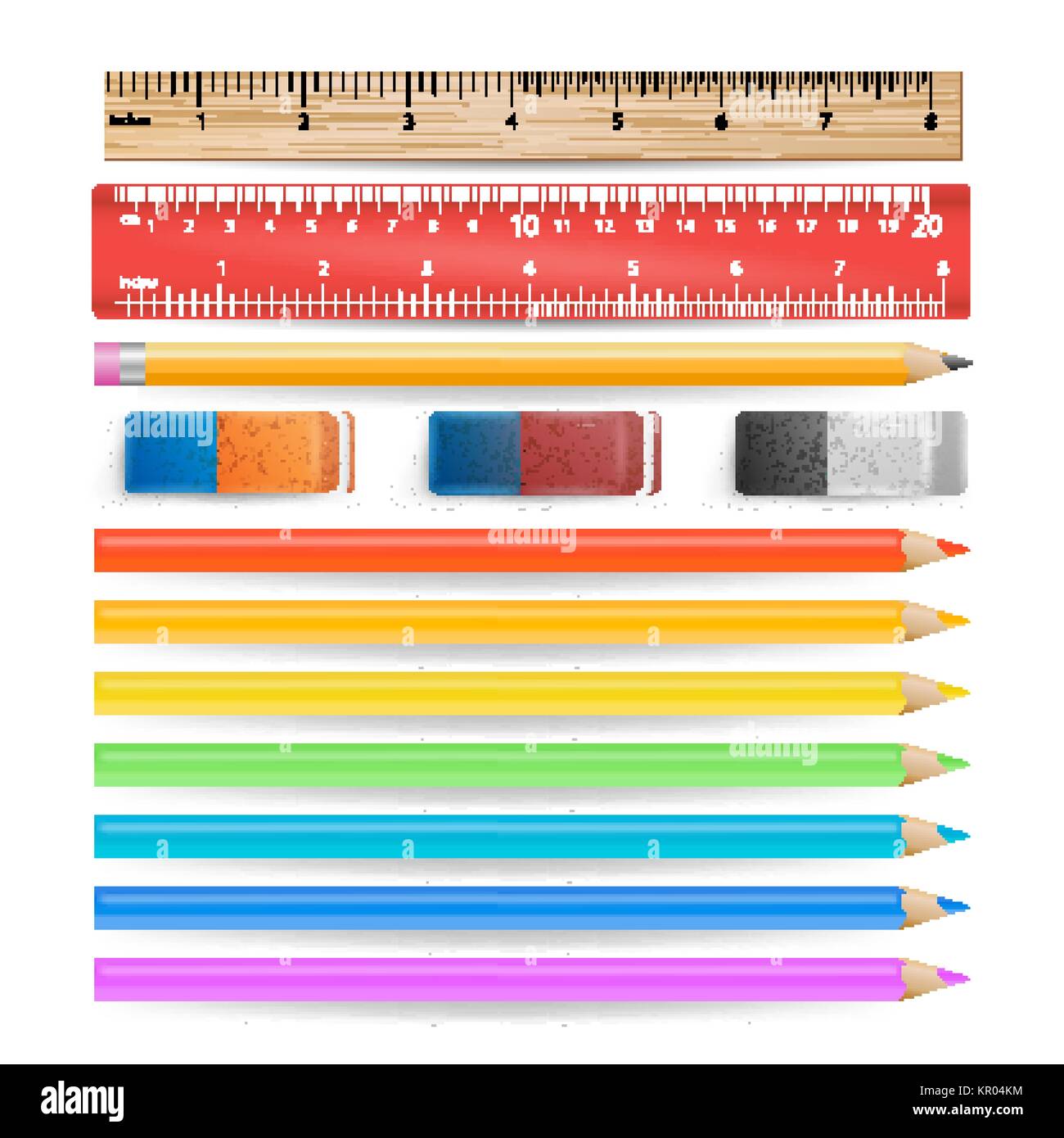 Colored Pencils, Eraser, Measuring Ruler Isolated Set Vector. Realistic ...