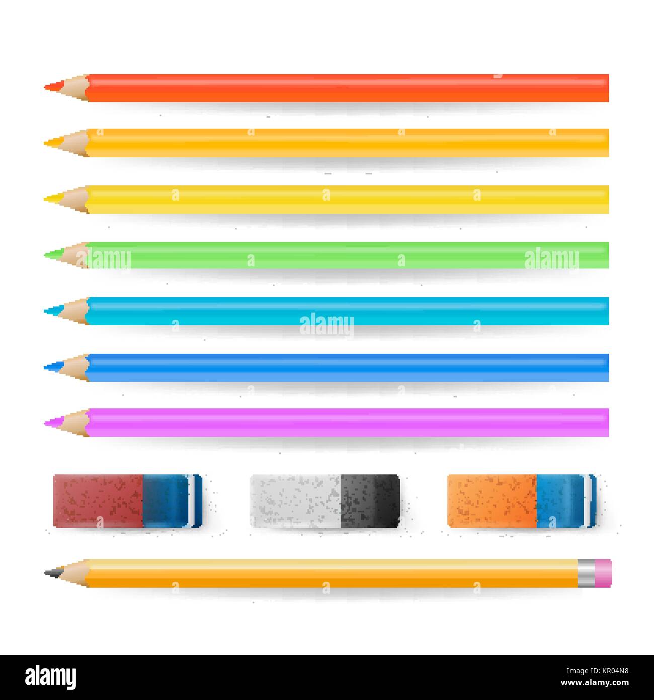 Colored Pencils Isolated Set Vector. Realistic Eraser And School Tools ...