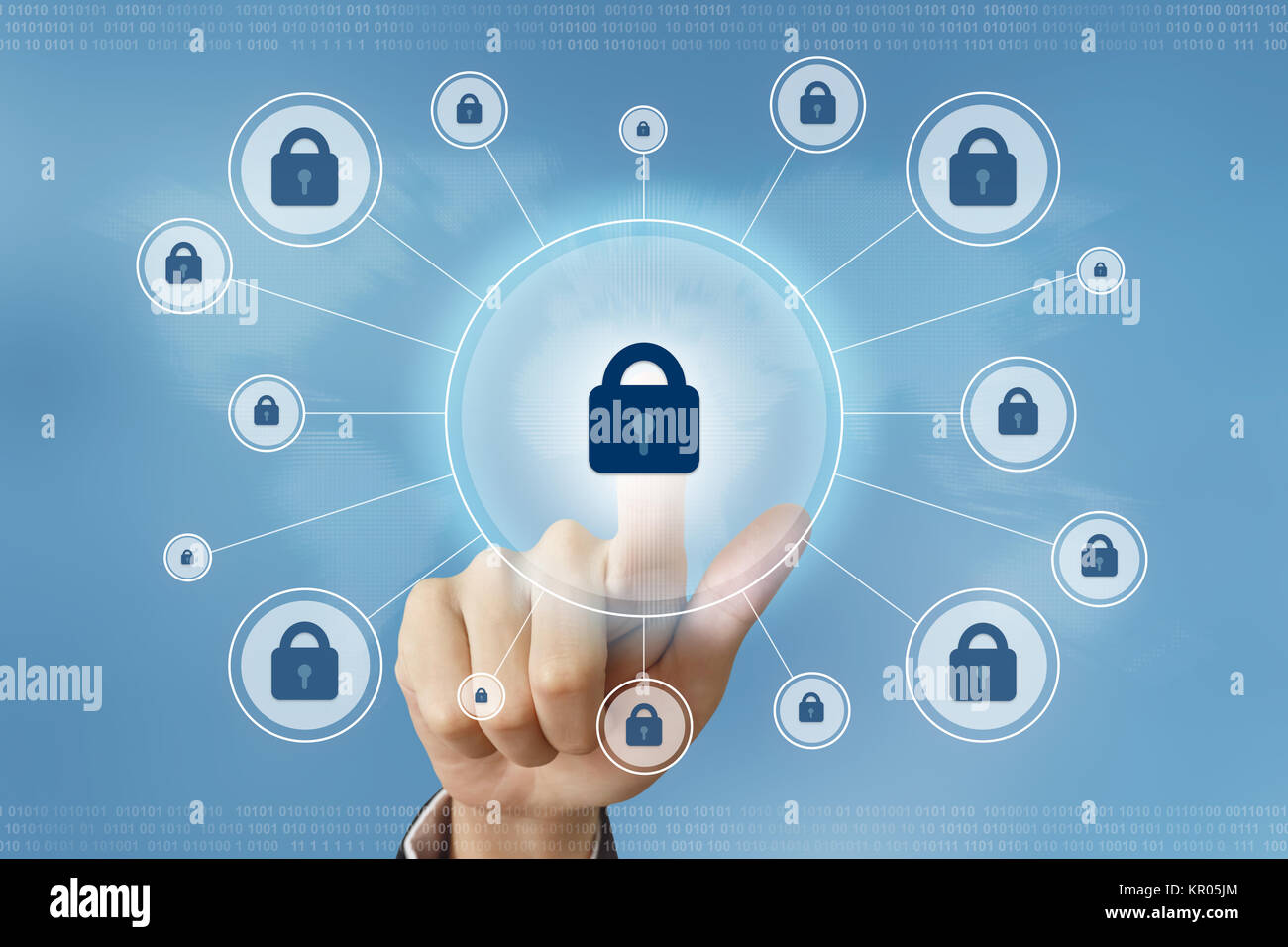 business hand press security button Stock Photo - Alamy