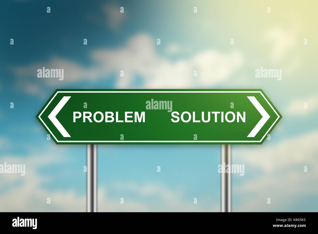 solution and problem on green road sign Stock Photo - Alamy