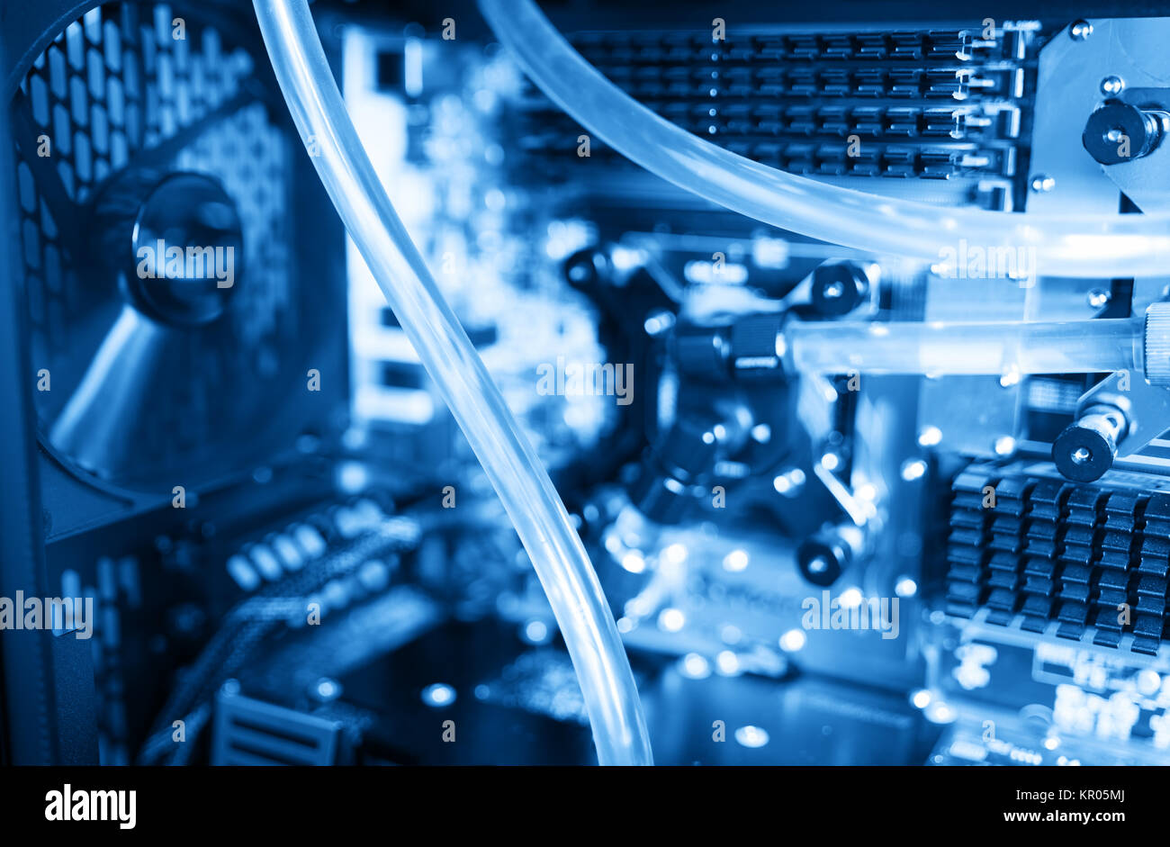 Inside blue water cooled computer bokeh background Stock Photo - Alamy