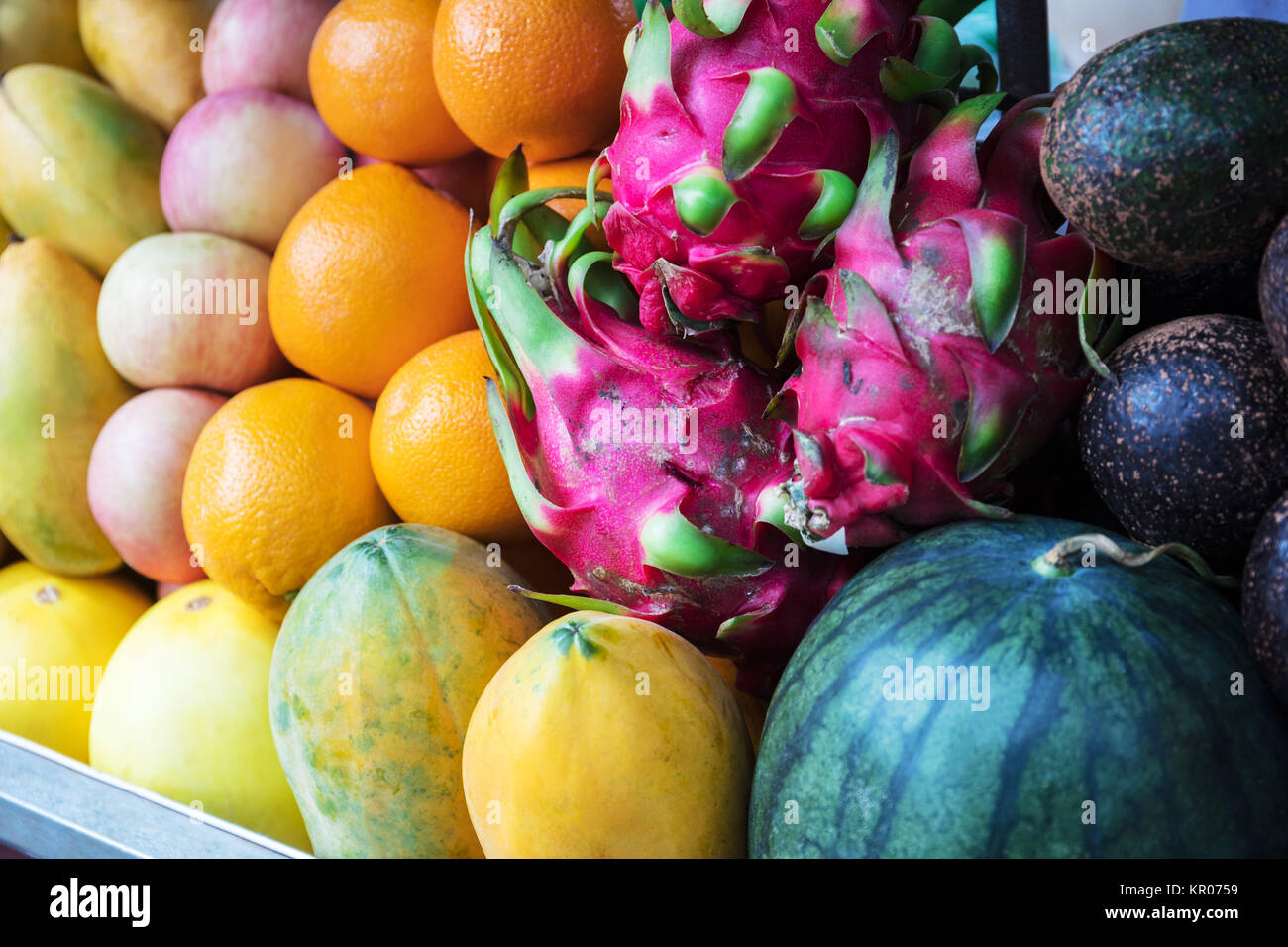 fresh tropical fruits in a street market Stock Photo - Alamy