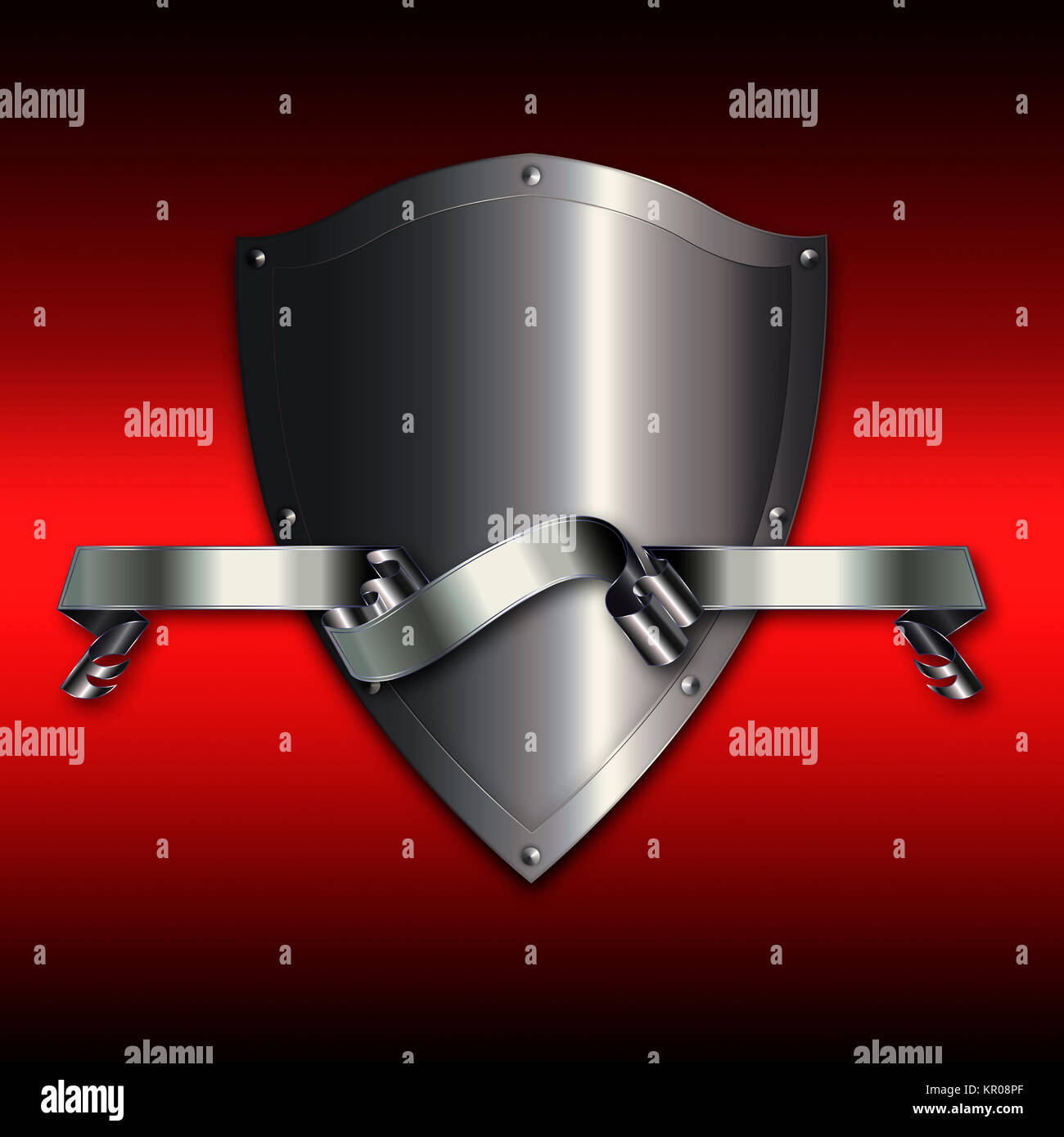 Medieval riveted shield and silver ribbon on red background Stock Photo ...
