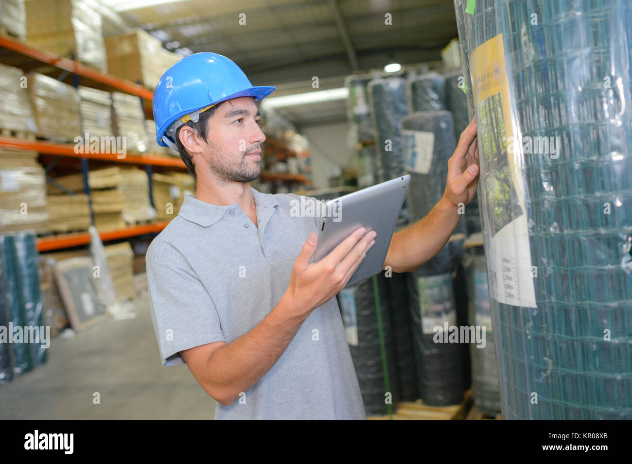 Man checking label on roll of fencing Stock Photo - Alamy