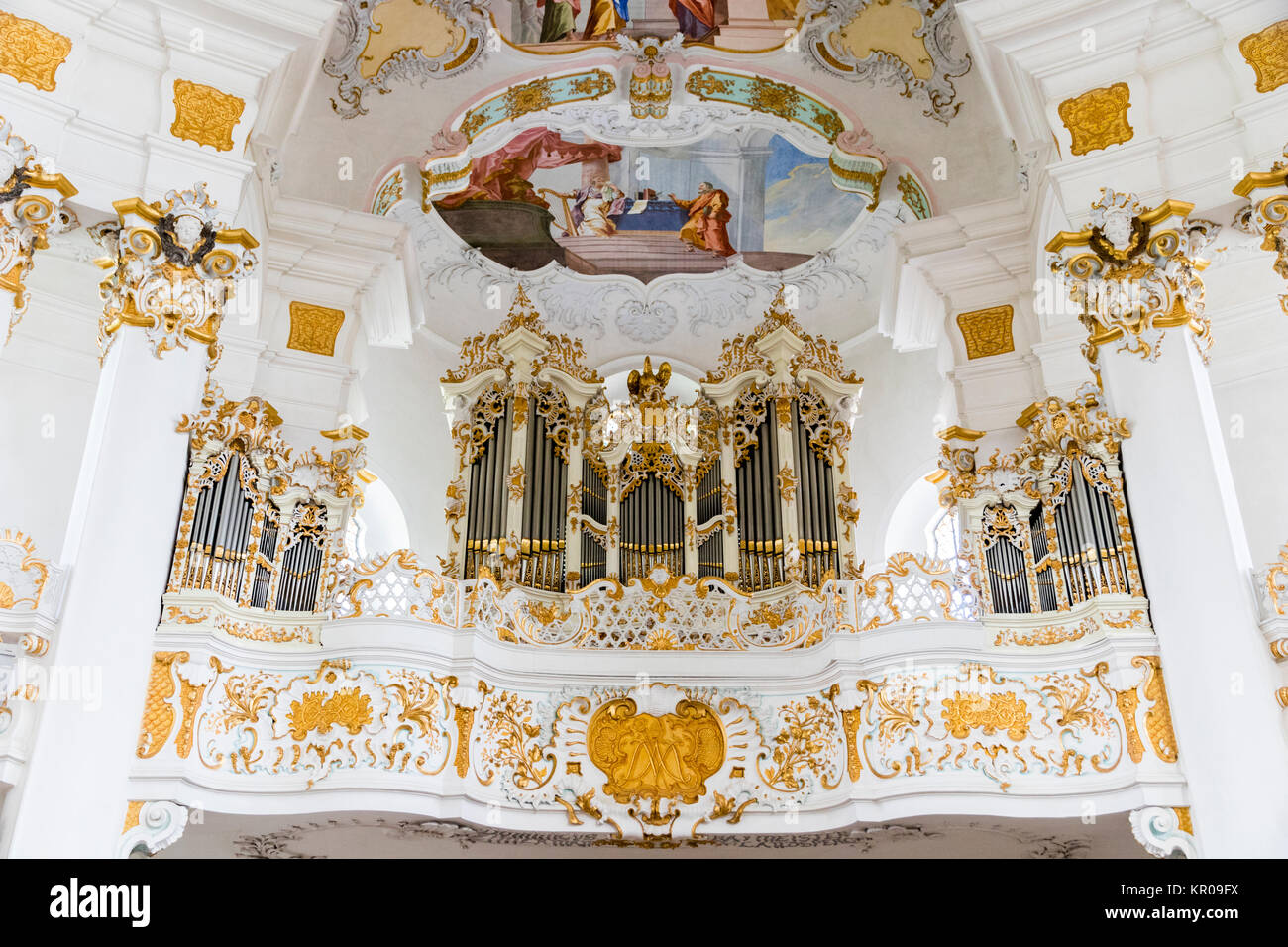 Inside the Pilgrimage Church of Wies (Wieskirche), an oval rococo ...