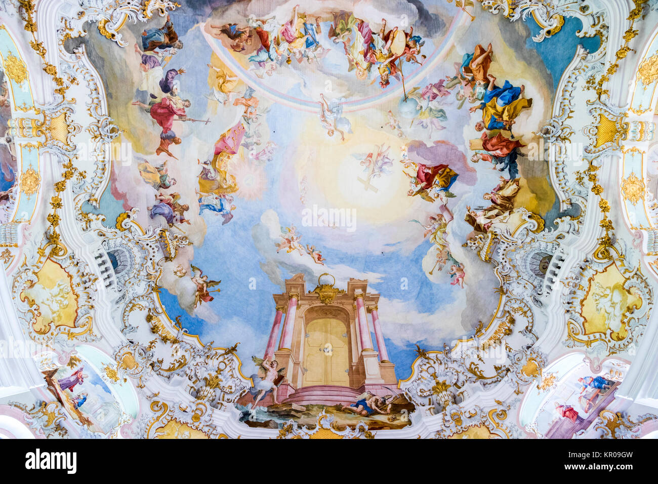 Inside the Pilgrimage Church of Wies (Wieskirche), an oval rococo ...