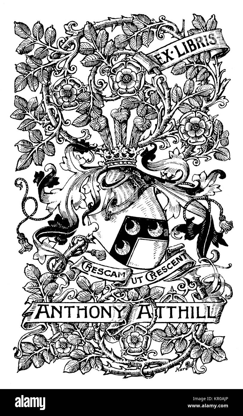 heraldic bookplate, for Anthony Atthill by W A Weyer, from 1894 Studio ...