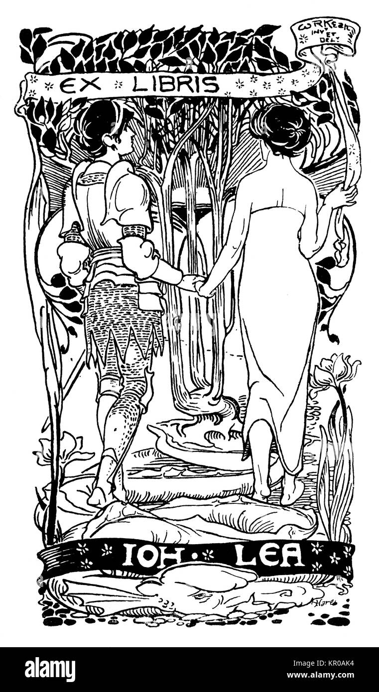 medieval theme bookplate, by artist W R Keene, from 1894 Studio ...