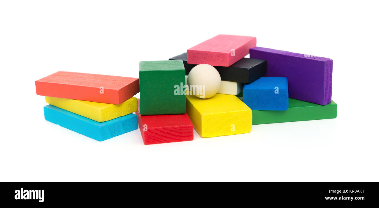 different color and shape wooden toy blocks on white background Stock ...