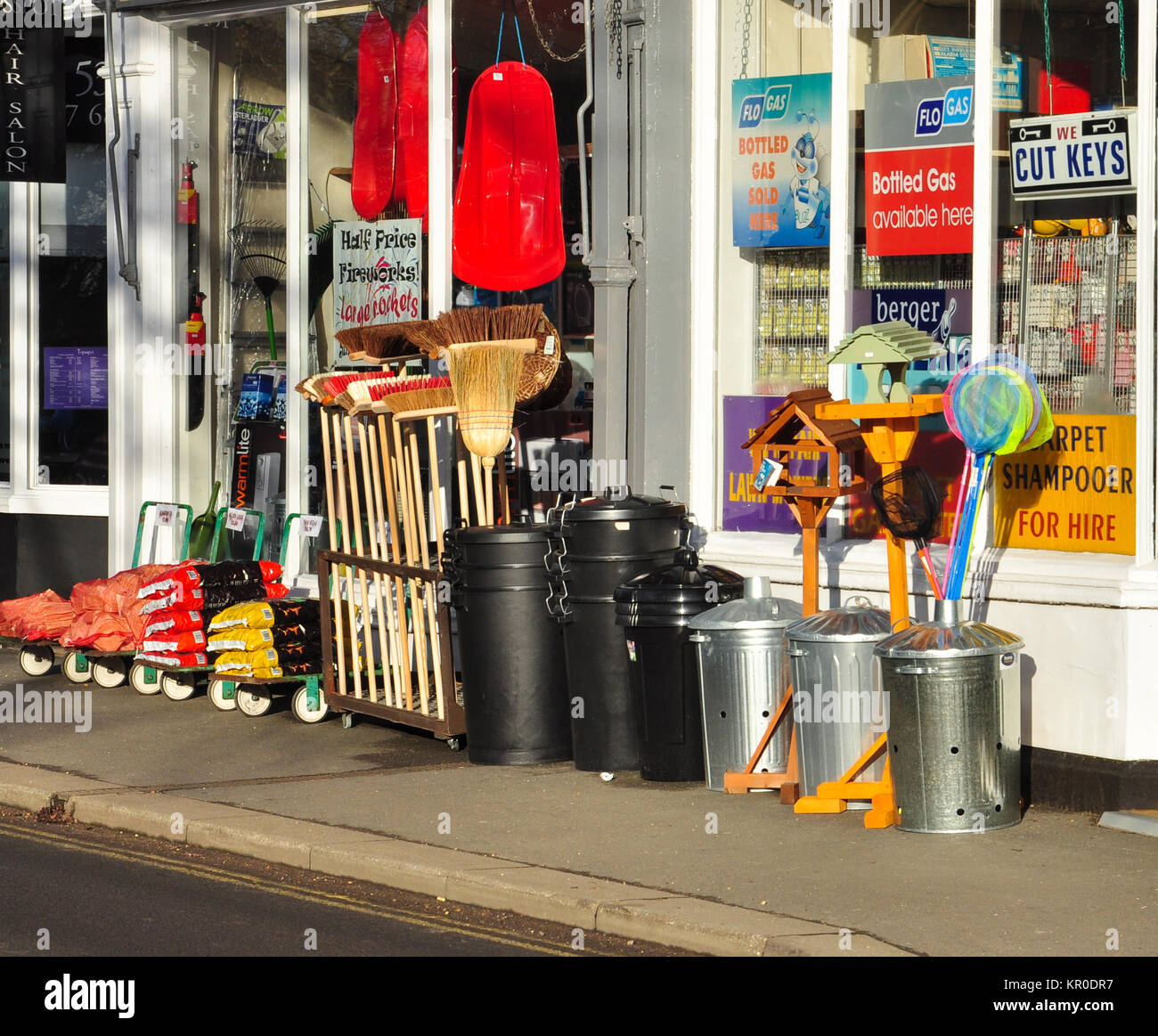 Goods outside hardware and ironmongers shop, High Street, Sandy ...