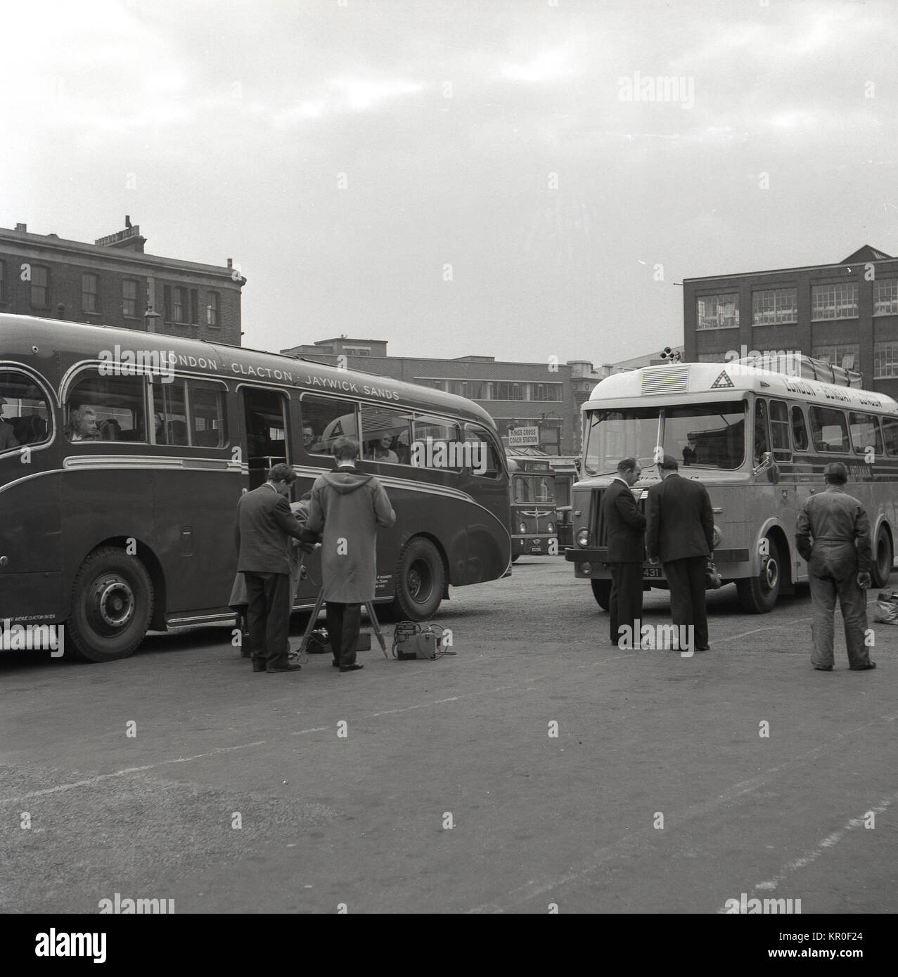 circa 1960, historical picture of two coaches at Kings Cross Coach ...