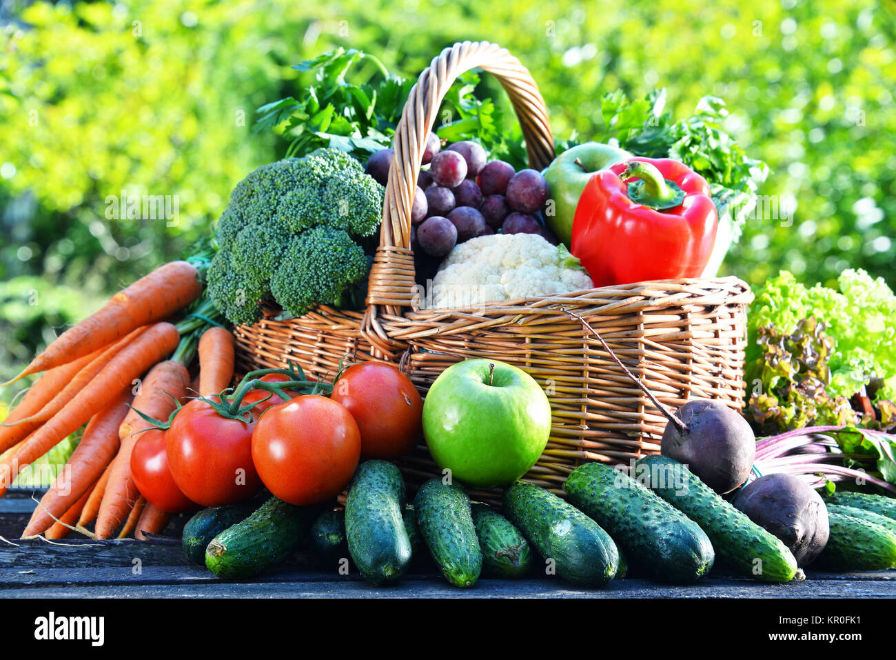 Variety of fresh organic vegetables and fruits in the garden Stock ...
