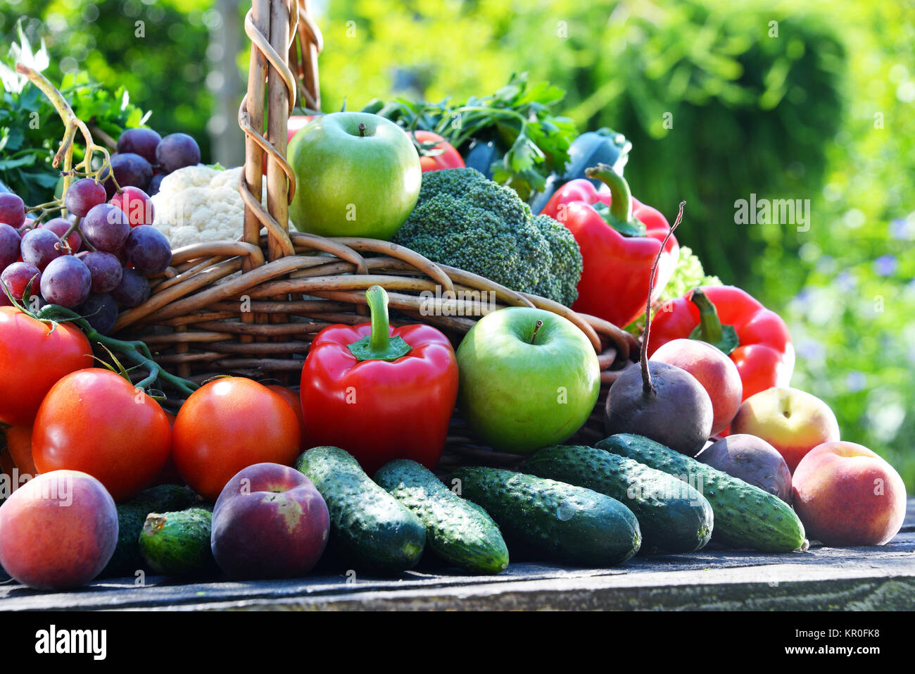 Variety of fresh organic vegetables and fruits in the garden Stock ...