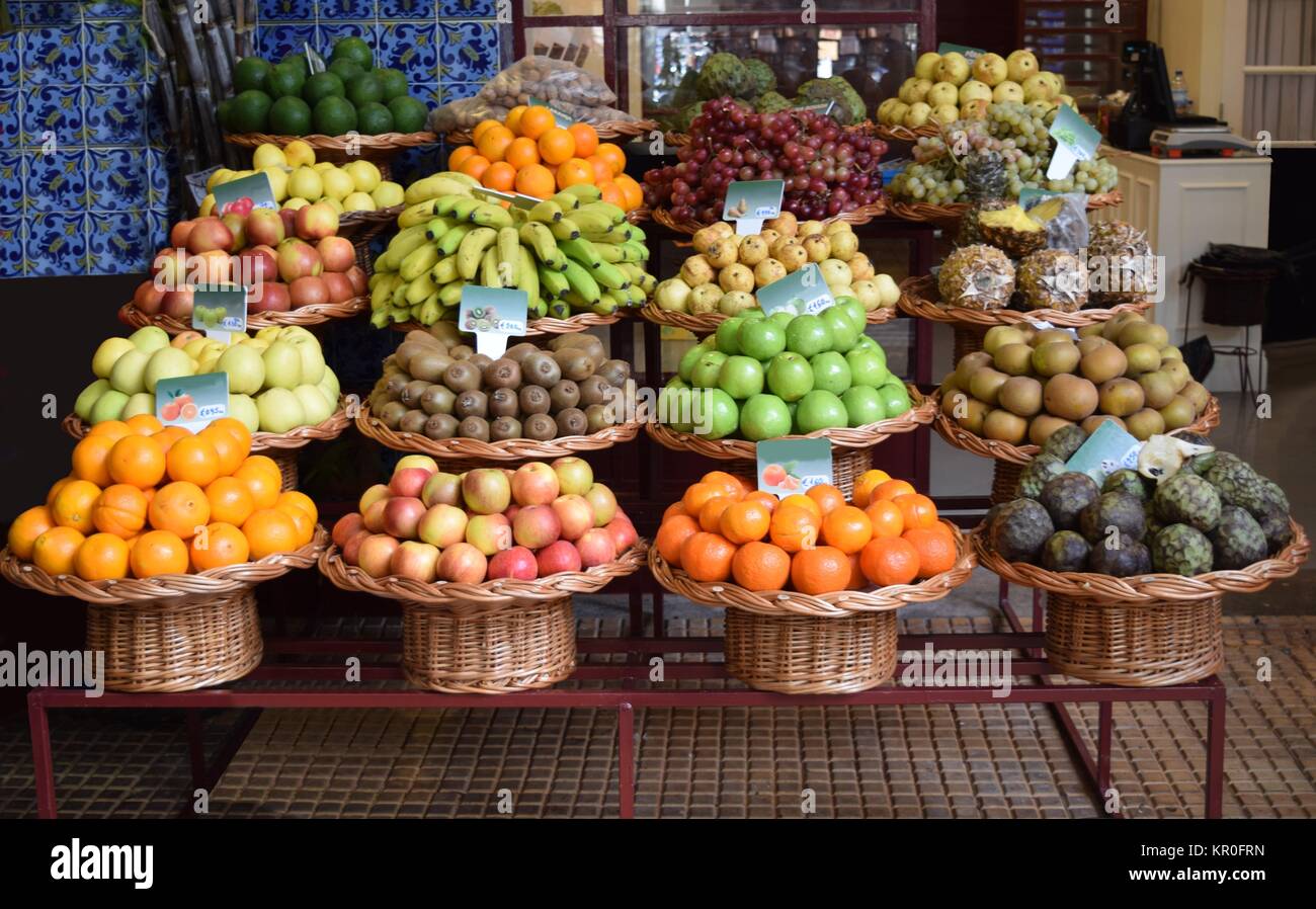 fruit baskets on a market stall Stock Photo - Alamy