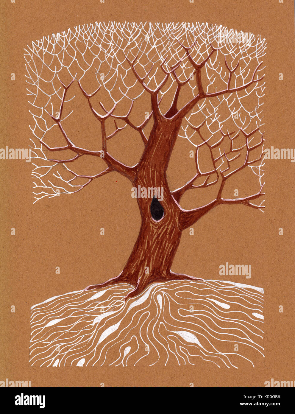 winter tree gel pen drawing on packaging paper, naive art style Stock ...