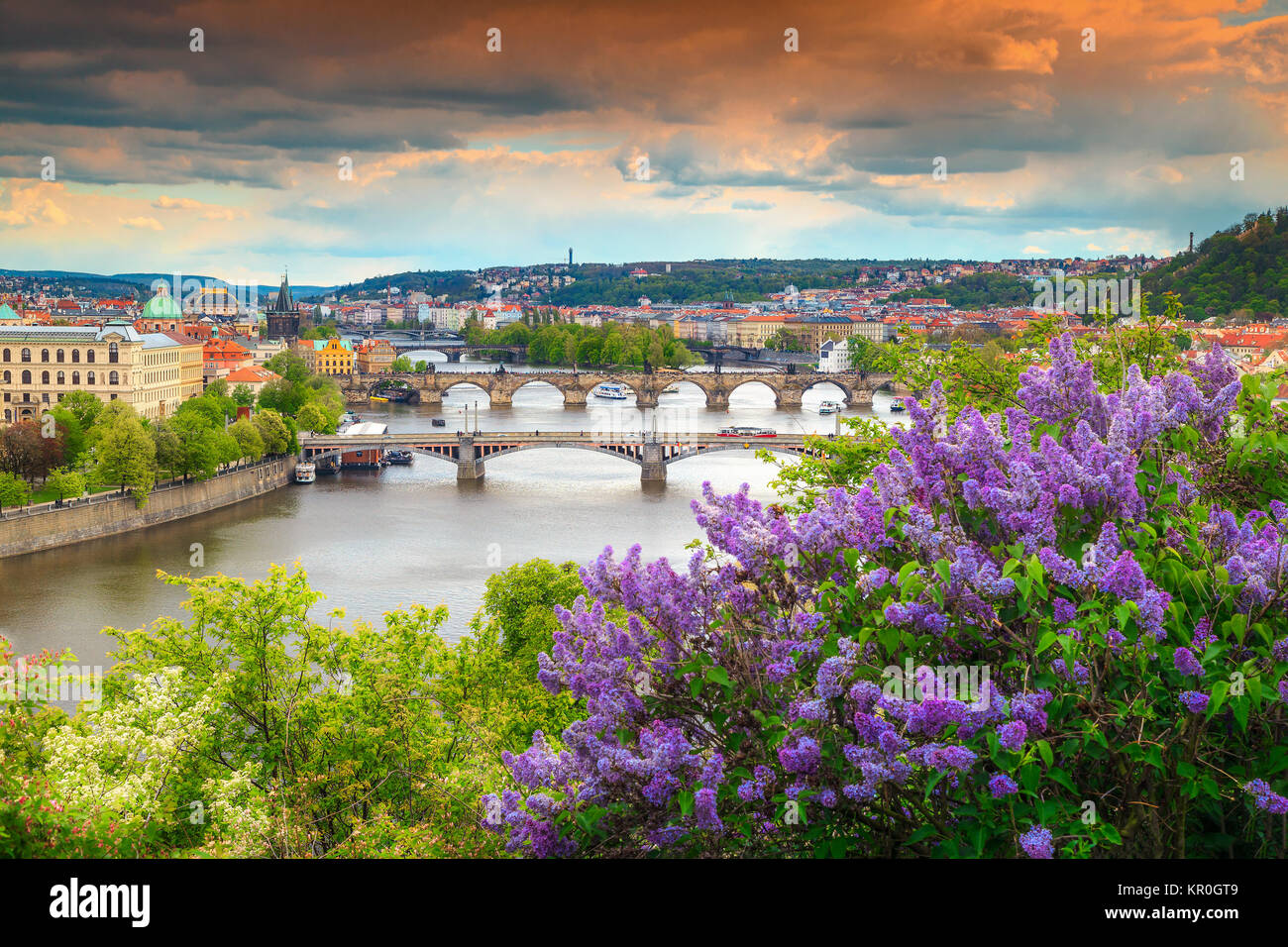 Amazing spring cityscape, Vltava river and old city center with ...