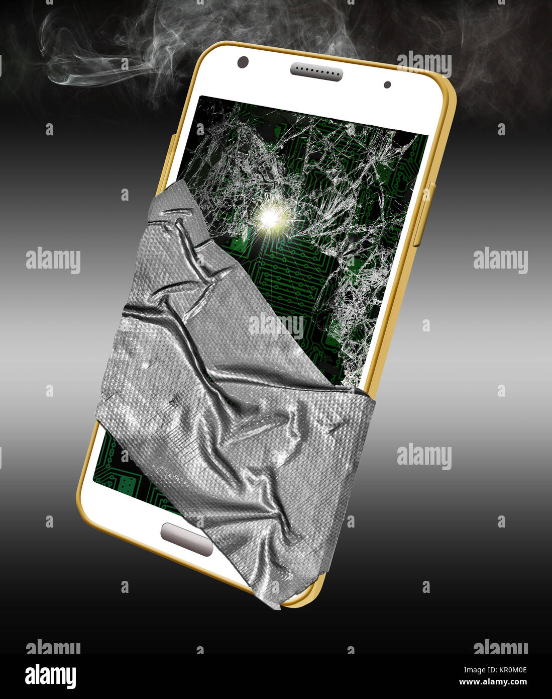 A broken cell phone is cracked, smoking and covered in duct tape in an ...