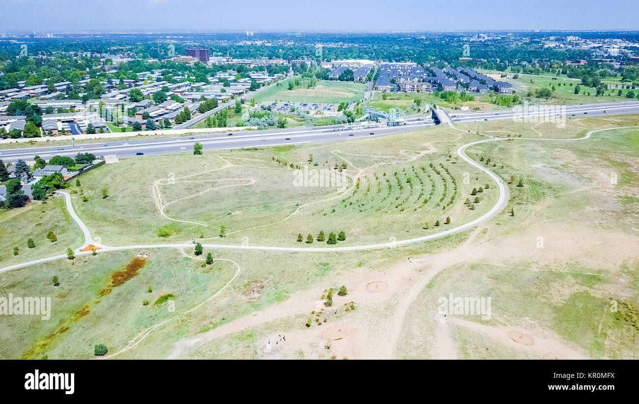 Aerial view of trails in open space park in suburbia Stock Photo - Alamy