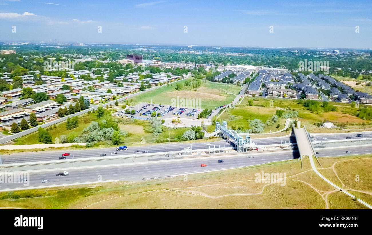 Aerial view of Dayton light rail station in Denver, Colorado Stock ...