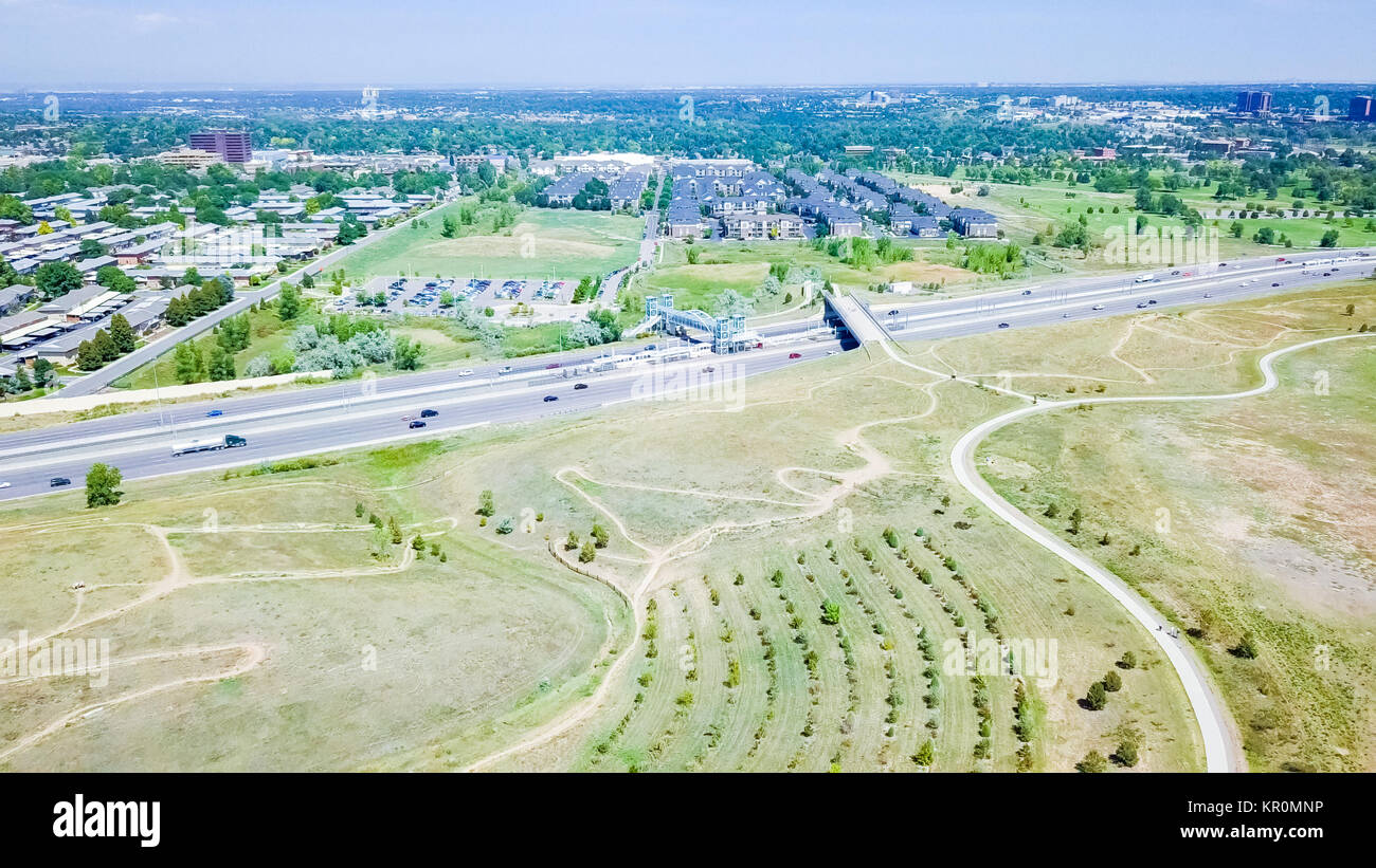 Aerial view of Dayton light rail station in Denver, Colorado Stock ...