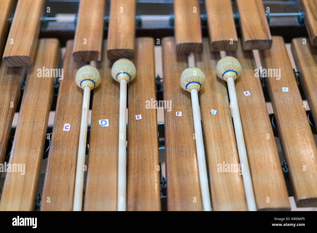 The close up xylophone and four mallets on the white background Stock ...