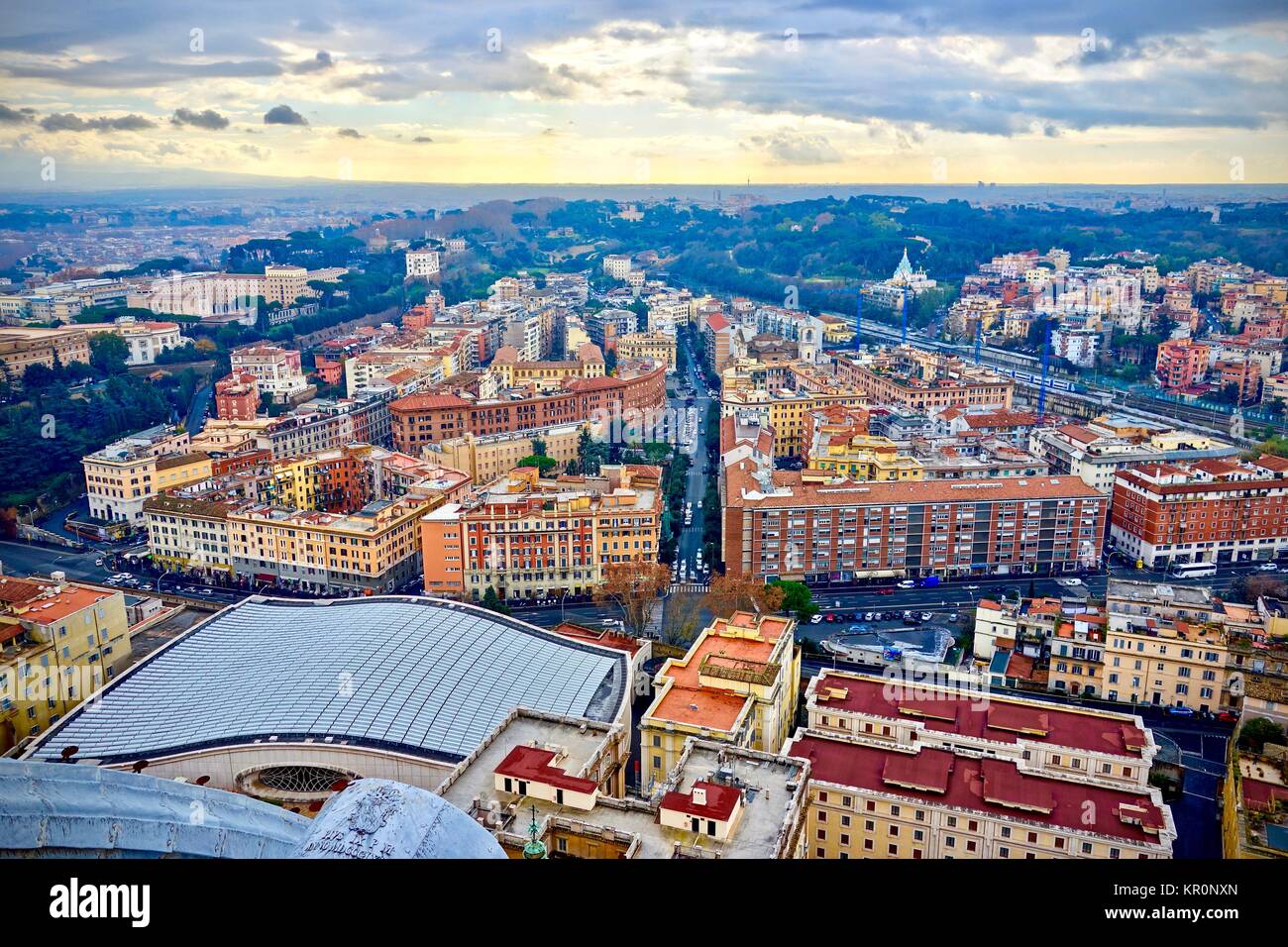 From the Petersdom an aerial view of the rooftops of Rome, Italy in a ...