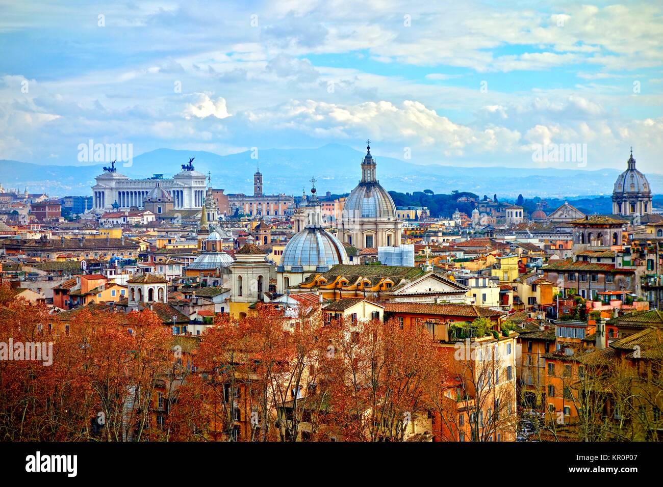 Aerial view of Rome, Italy rooftops in a cityscape looking towards the ...
