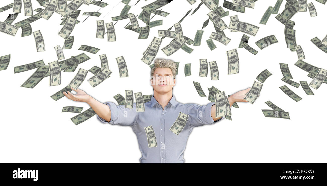Man Catching Money Falling From the Sky Stock Photo - Alamy