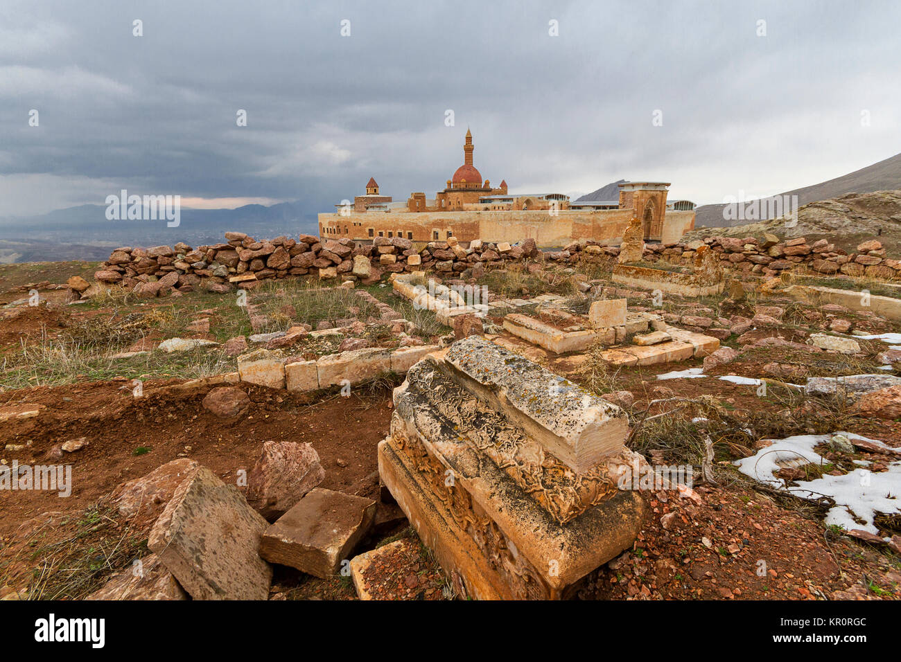 Ruins of an ancient cemetery with the Ishak Pasha Palace in Dogubeyazit ...