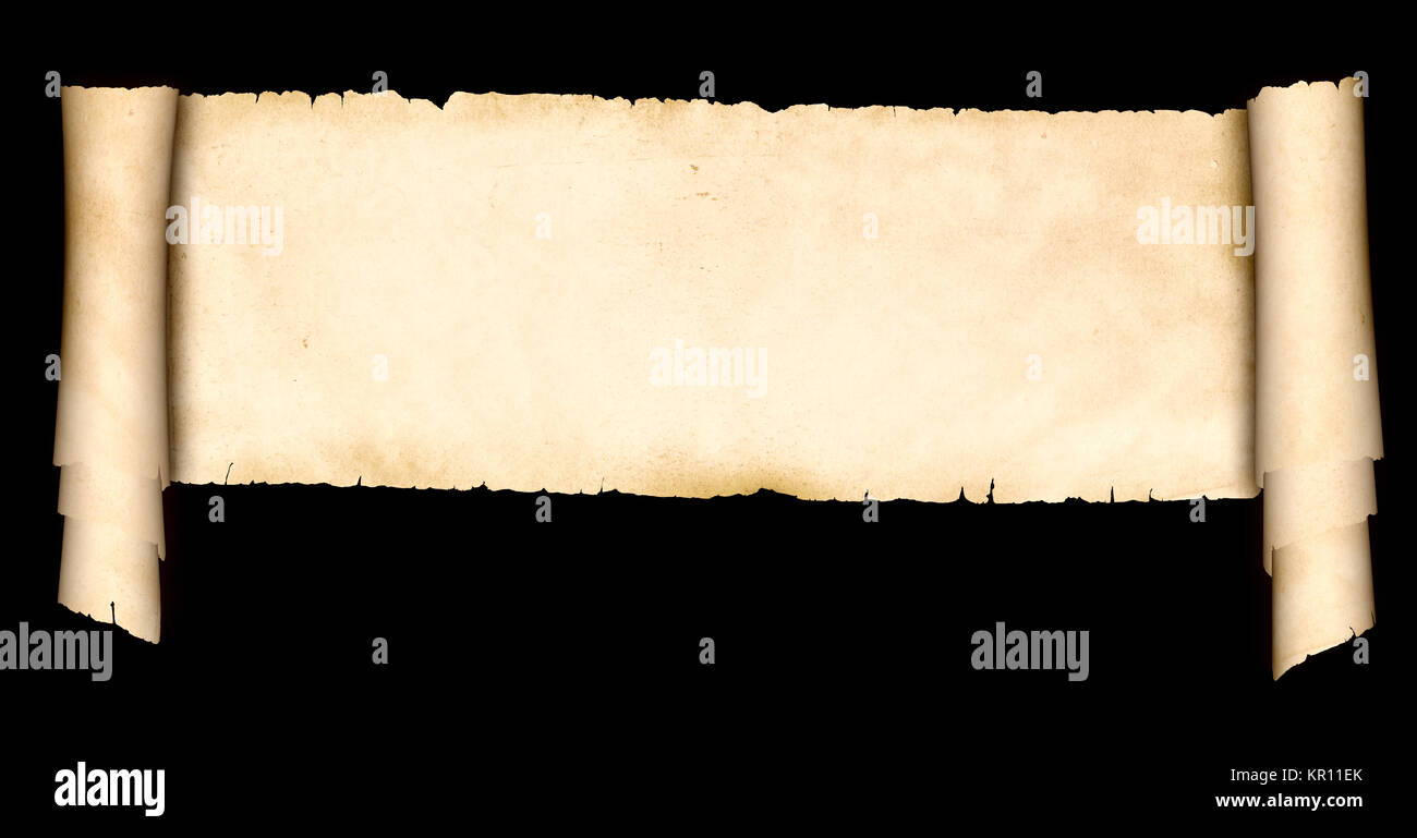 Scroll of torn parchment on black background Stock Photo - Alamy