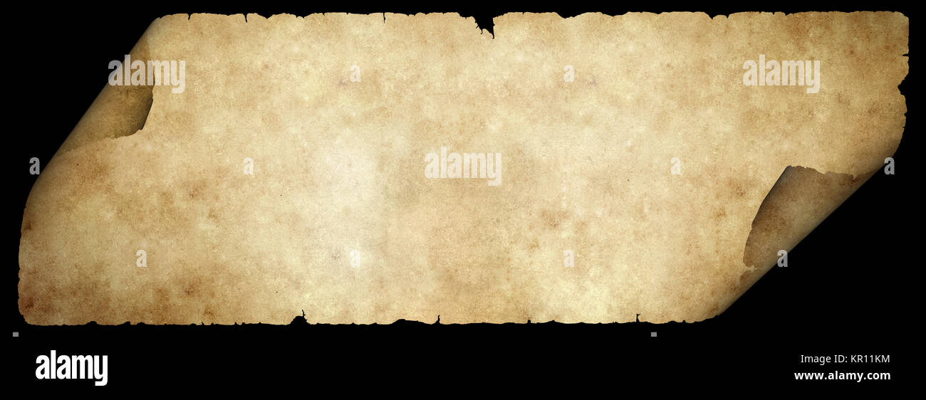 Torn ancient parchment with curled corners on black background Stock ...