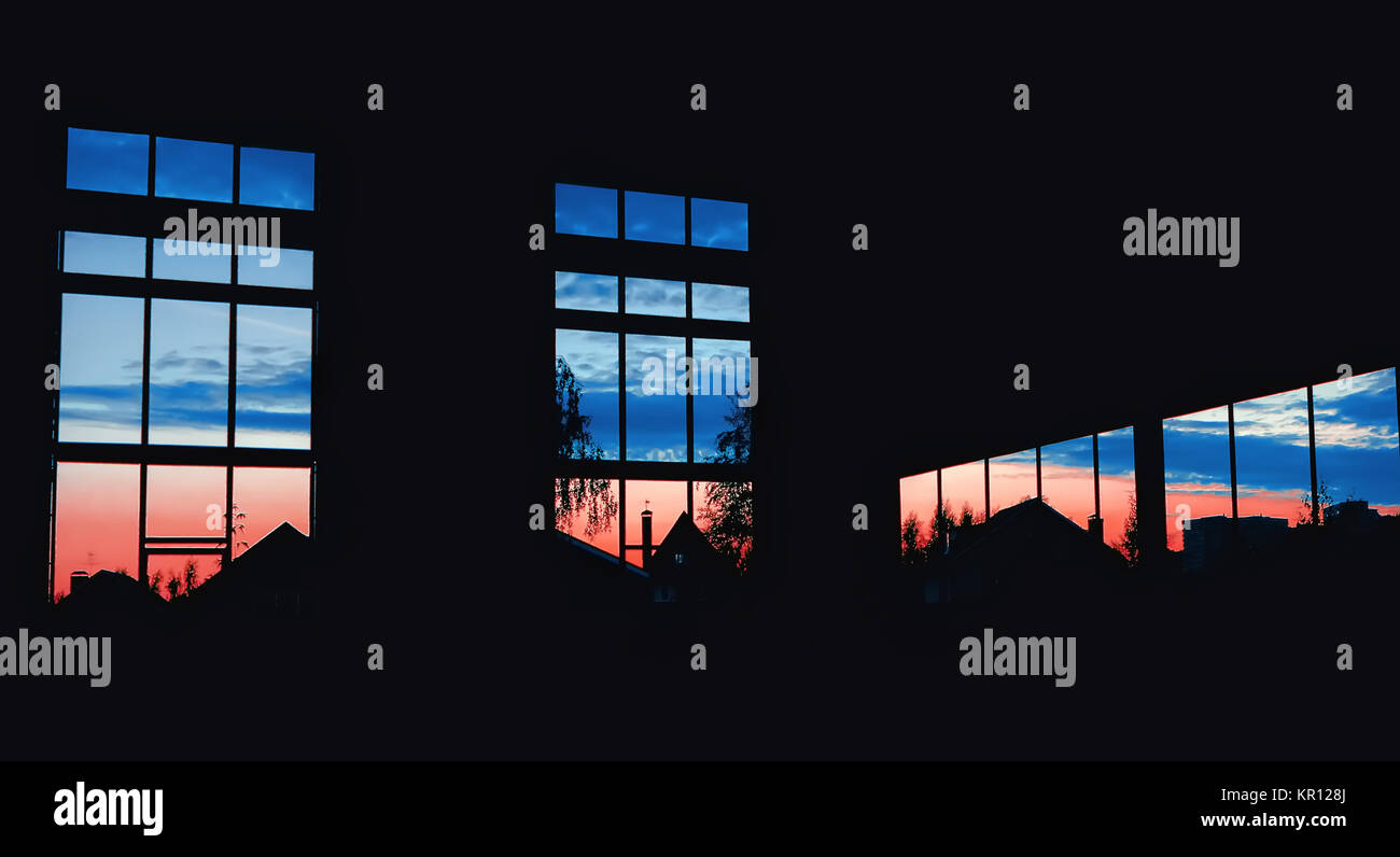 View of beautiful night sky through large windows of the hangar Stock ...
