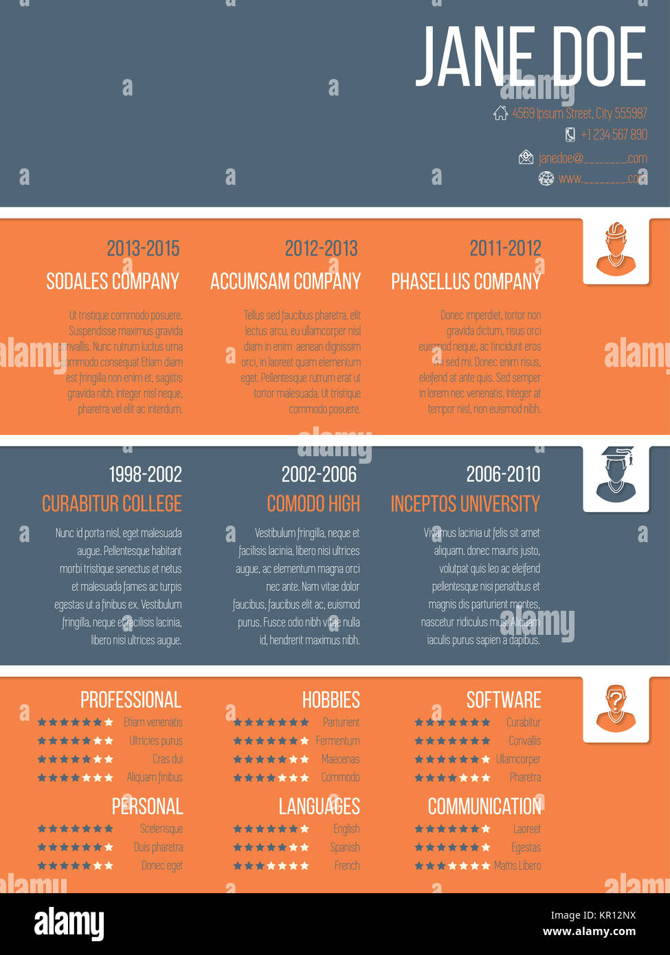Colorful resume cv template with timeline Stock Photo - Alamy